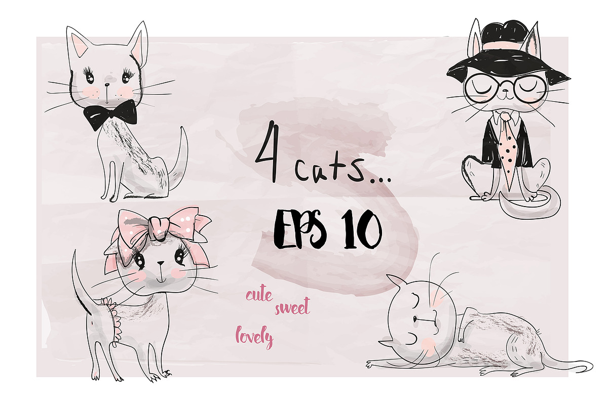 4 cute doodle cats, an Animal Illustration by Eve Farb