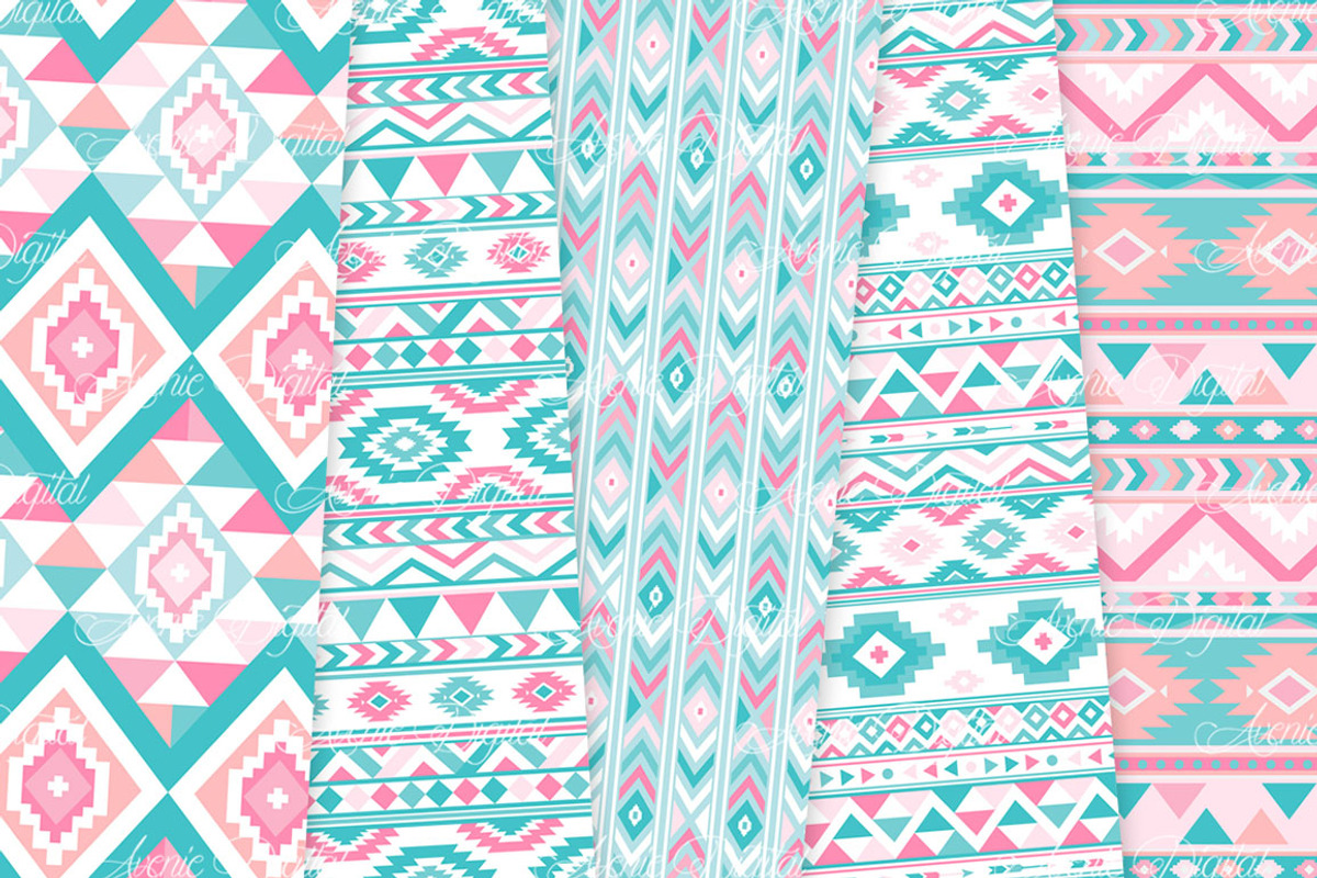 Pink & Teal Aztec Digital Paper, a Pattern Graphic by Avenie Digital