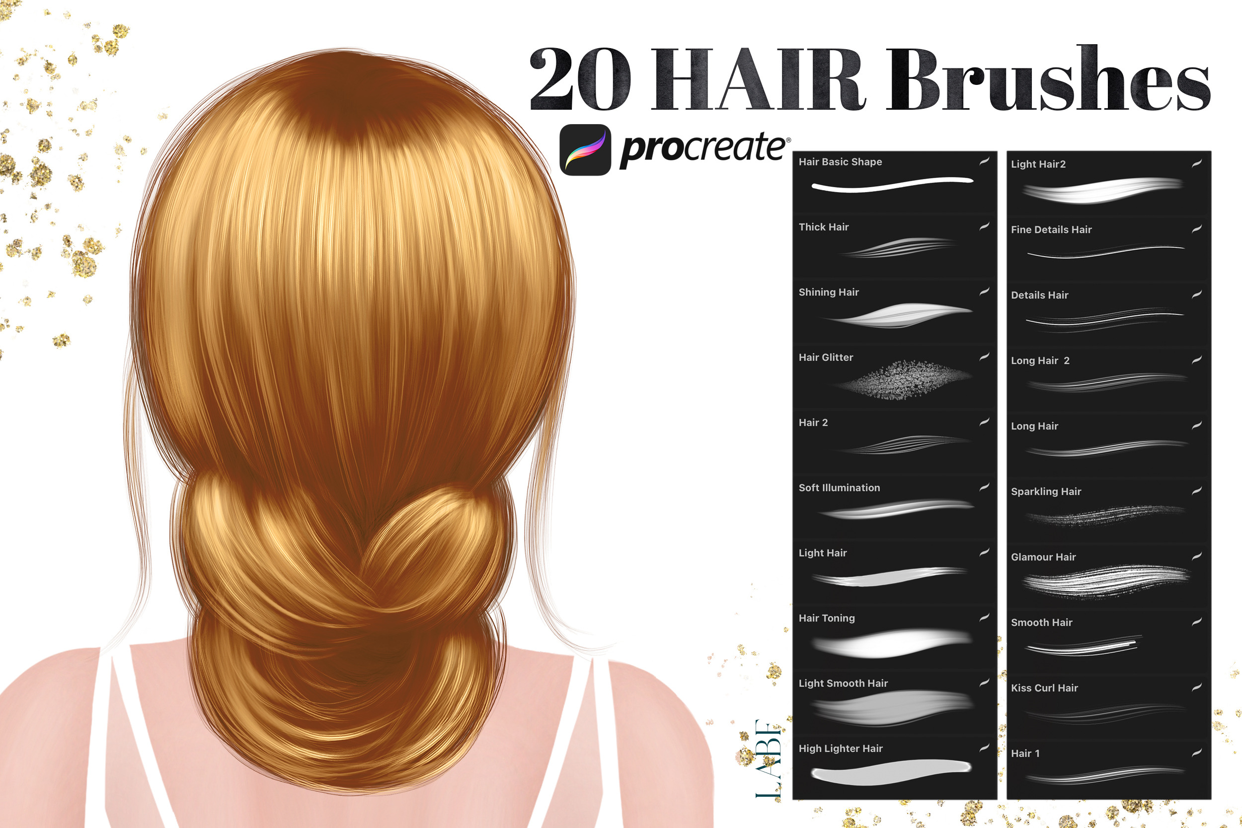 20 Procreate Hair Brushes, a Brush Add-On by LABFcreations