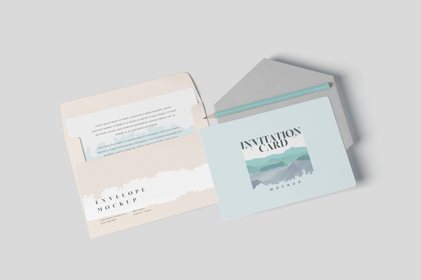 Invitation Card & Envelope Mockups, a Product Mockup by GfxFoundry