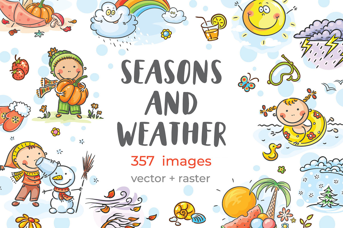 Hand drawn cartoon seasons & weather, a Seasonal Illustration by Bubert Art