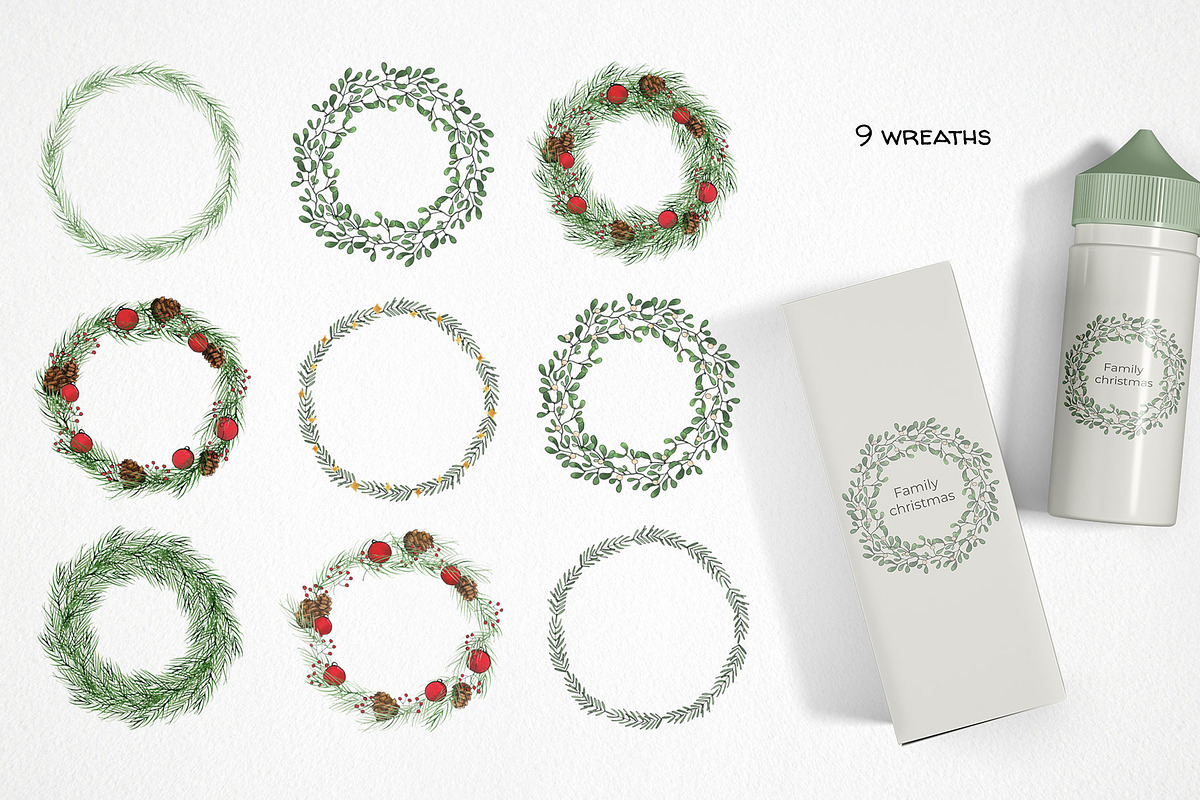 Watercolor christmas wreaths clipart, a Seasonal Illustration by ...