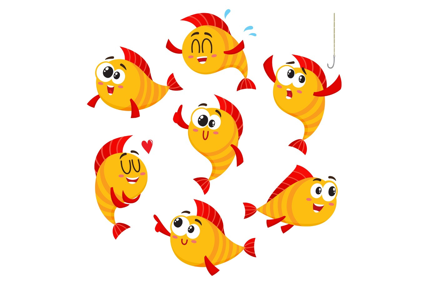 Golden, yellow fish characters with human face showing different ...
