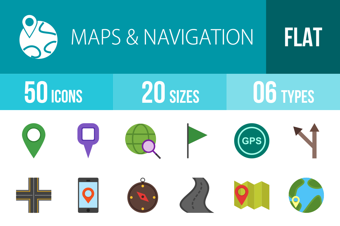 50 Maps Flat Multicolor Icons, an Icon by IconBunny
