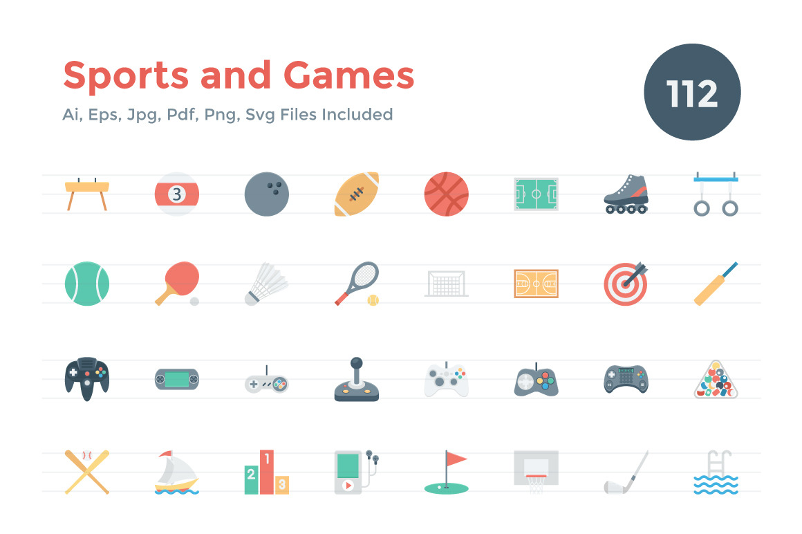 112 Flat Games and Sports Icons, an Icon by Creative Stall