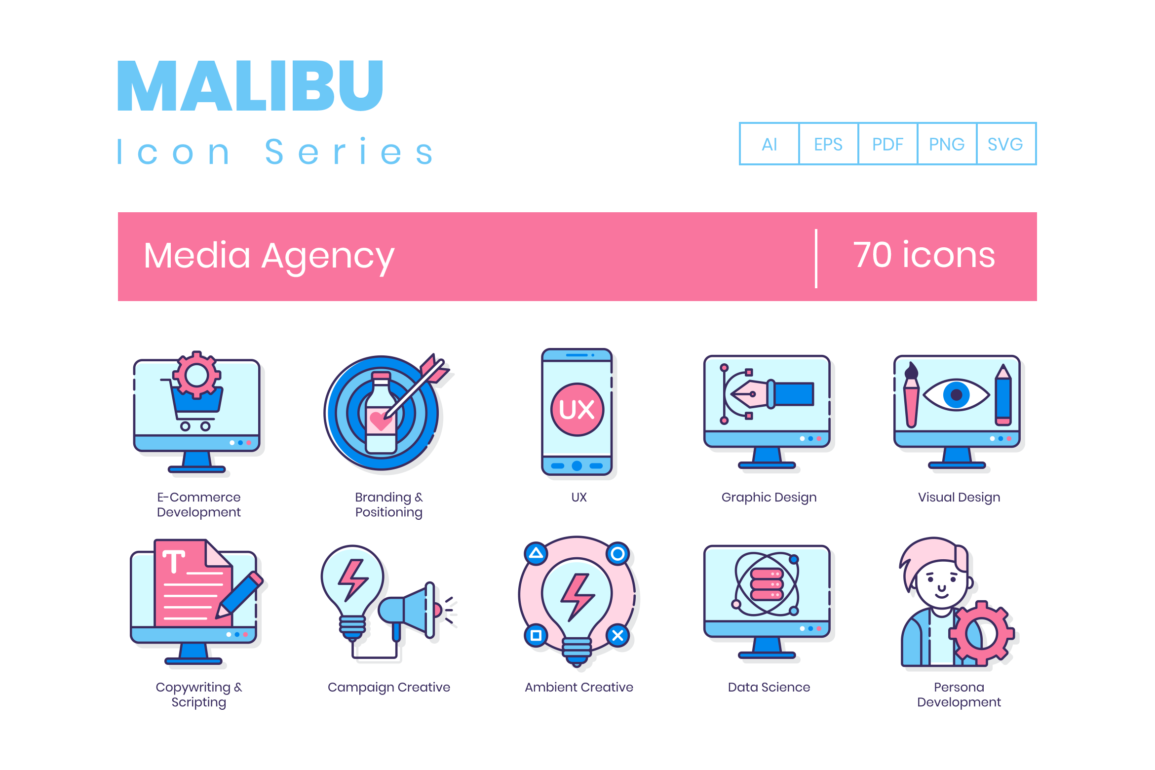70 Media Agency Icons | Malibu, an Outline Icon by Flat Icons