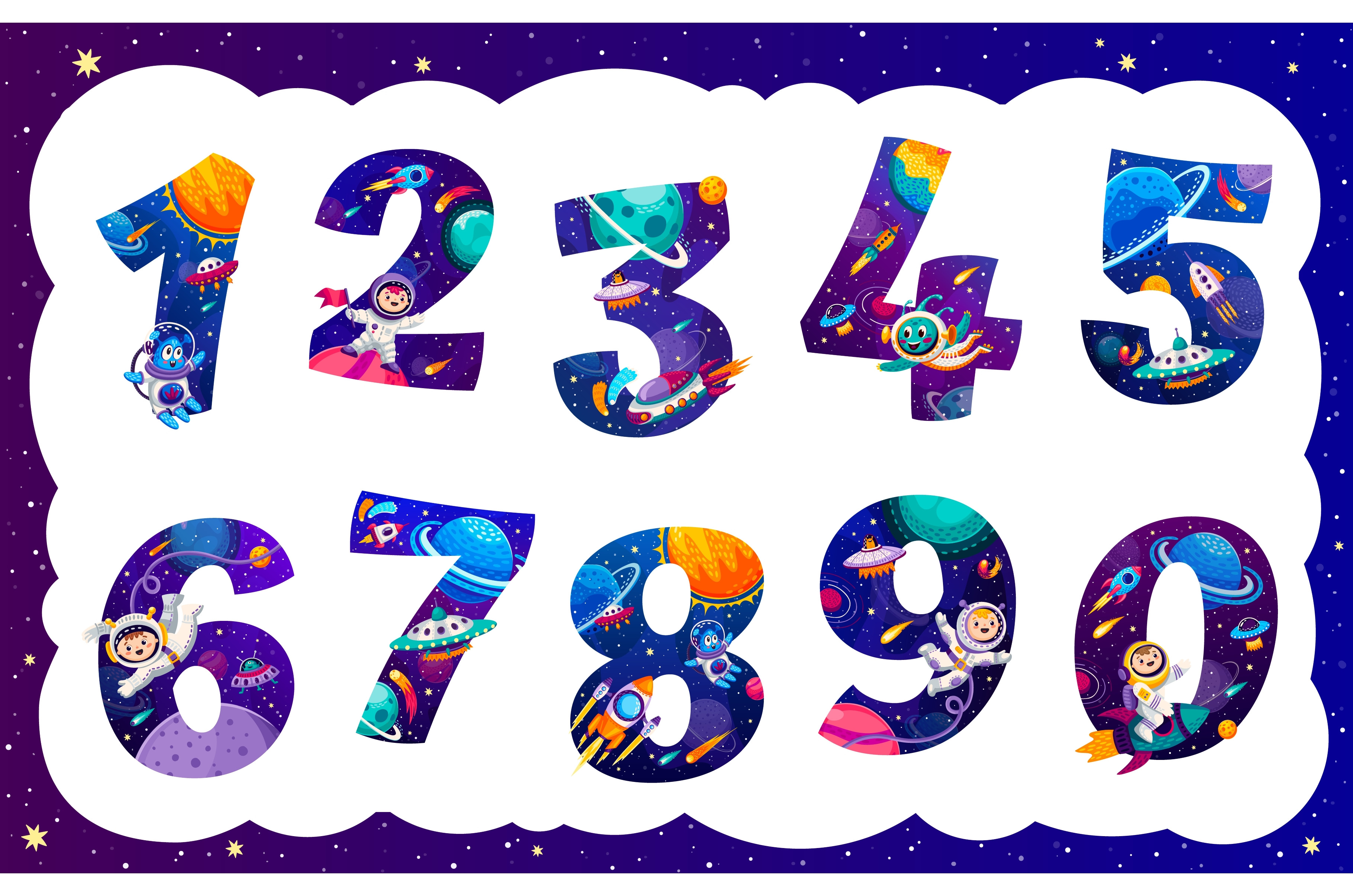 Cartoon space numbers, math, an Illustration by Vector Tradition