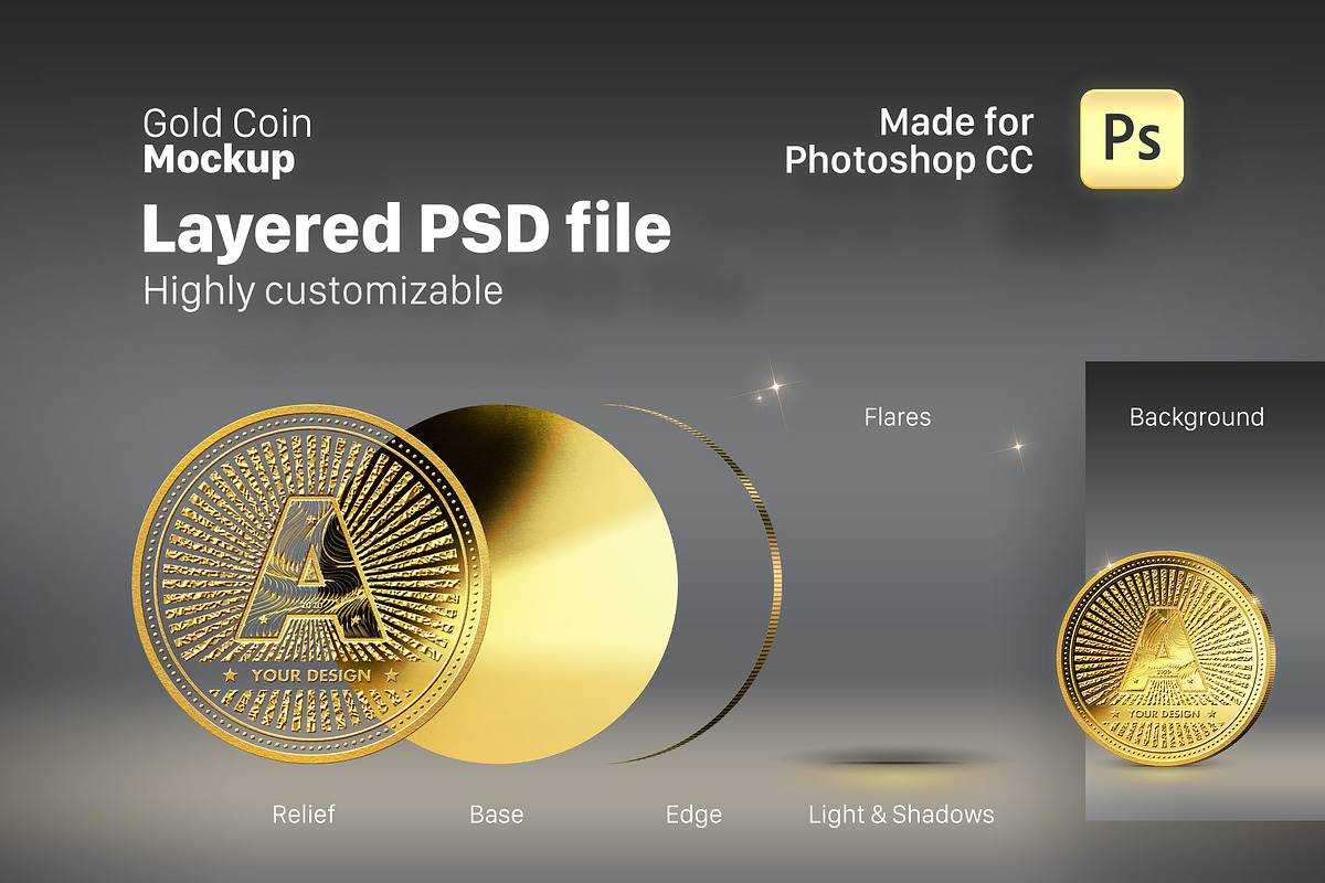 Gold Coin Mockup for Photoshop CC, a Product Mockup by FEINGOLD