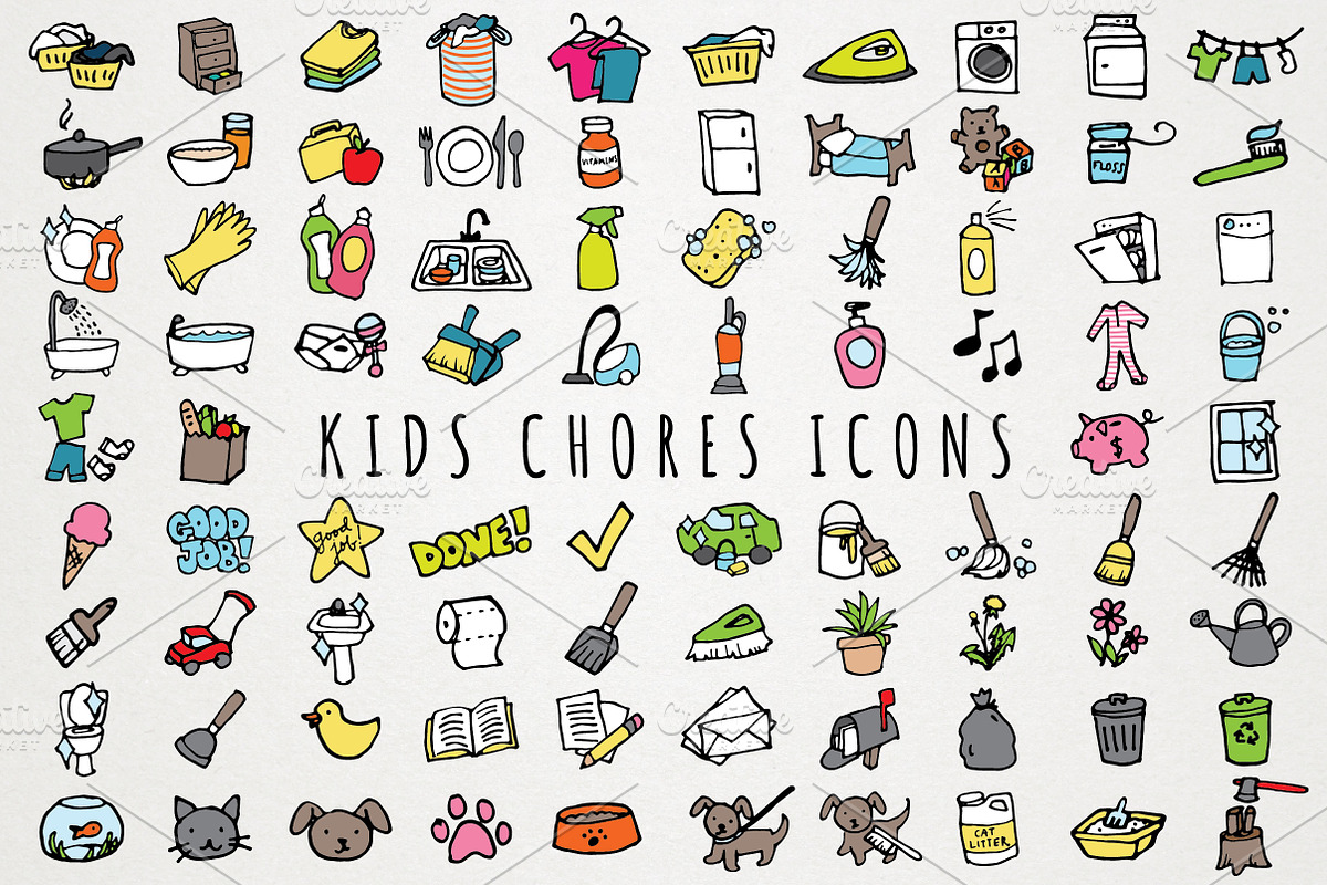 Fun Hand Drawn Kids Chores Icons Set, an Icon by Lemonade Pixel