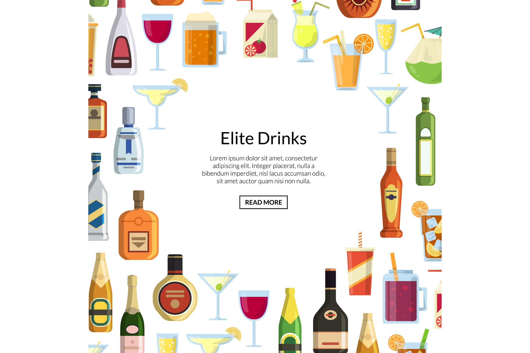 Vector background with alcoholic drinks in glasses and bottles, a ...