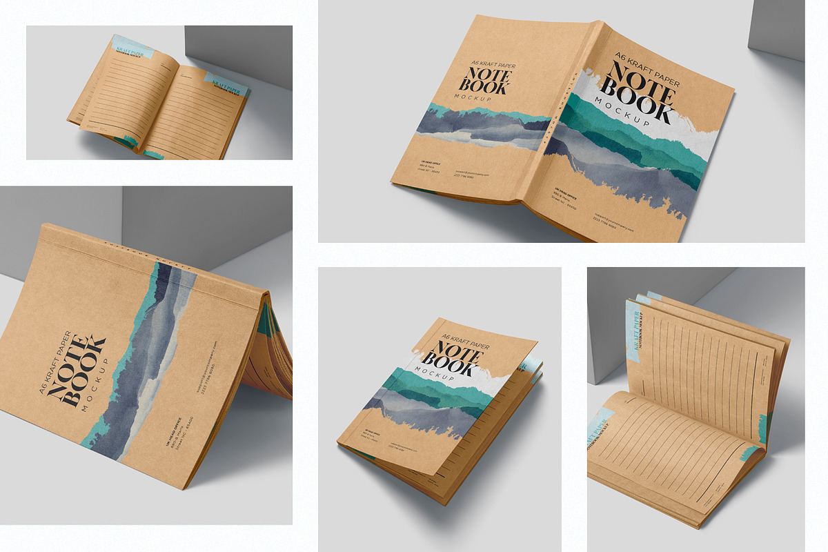A6 Kraft Paper Notebook Mockups, a Books & Magazine Mockup by GfxFoundry