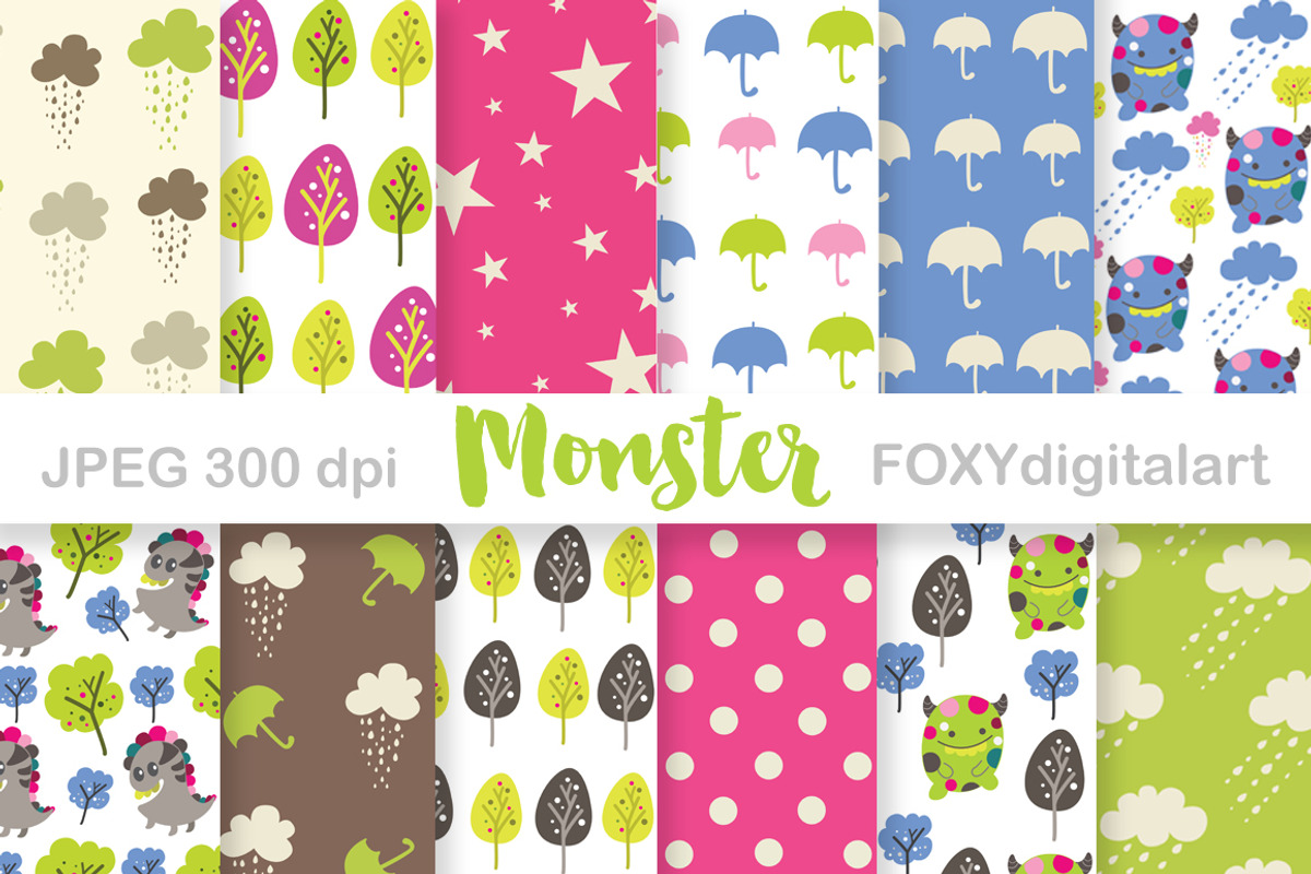 Monster Digital Paper Scrapbook, a Pattern Graphic by FOXYdigitalart ...