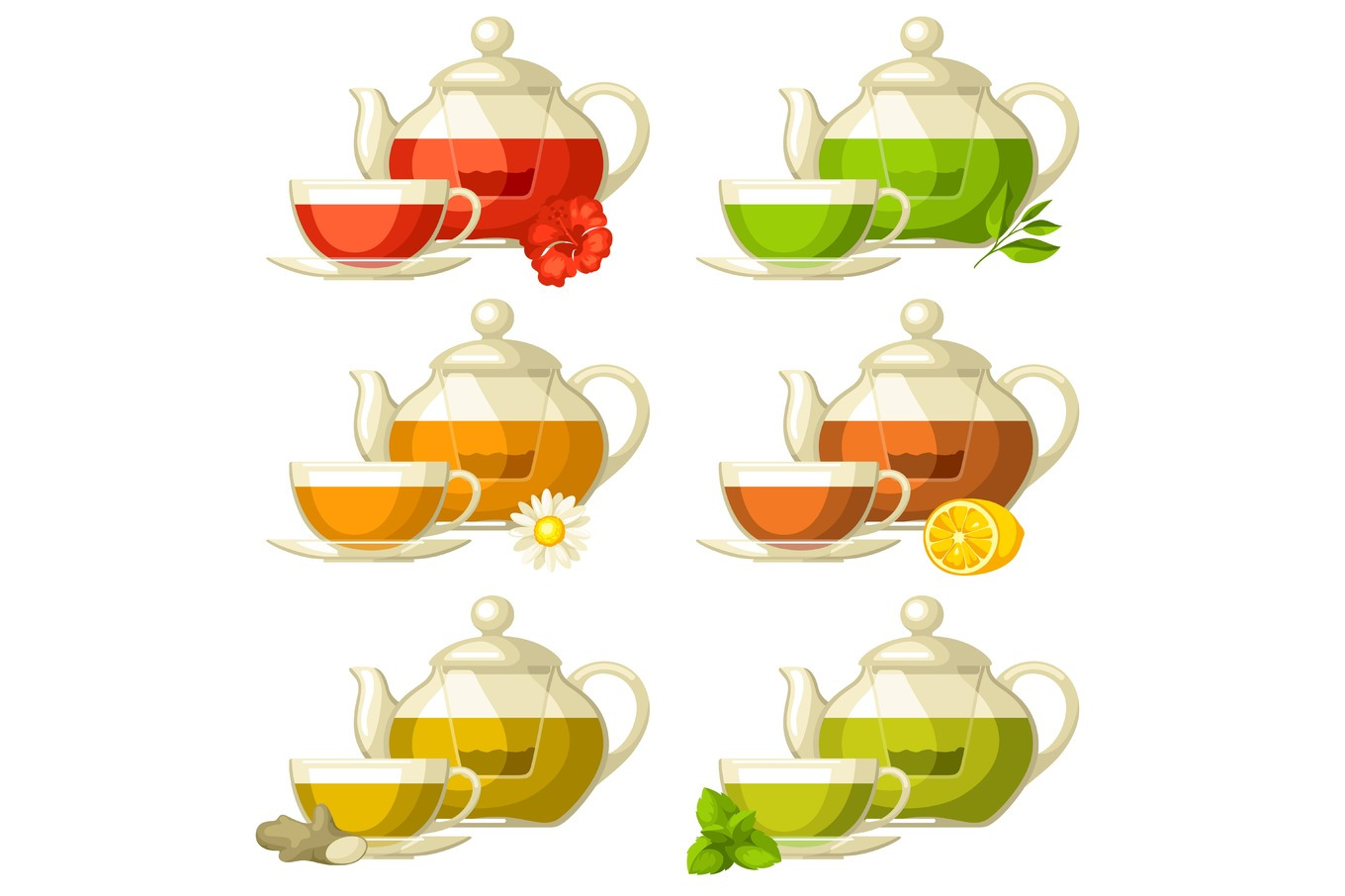 Types of tea. Set of glass cups and kettles with different tastes and ...
