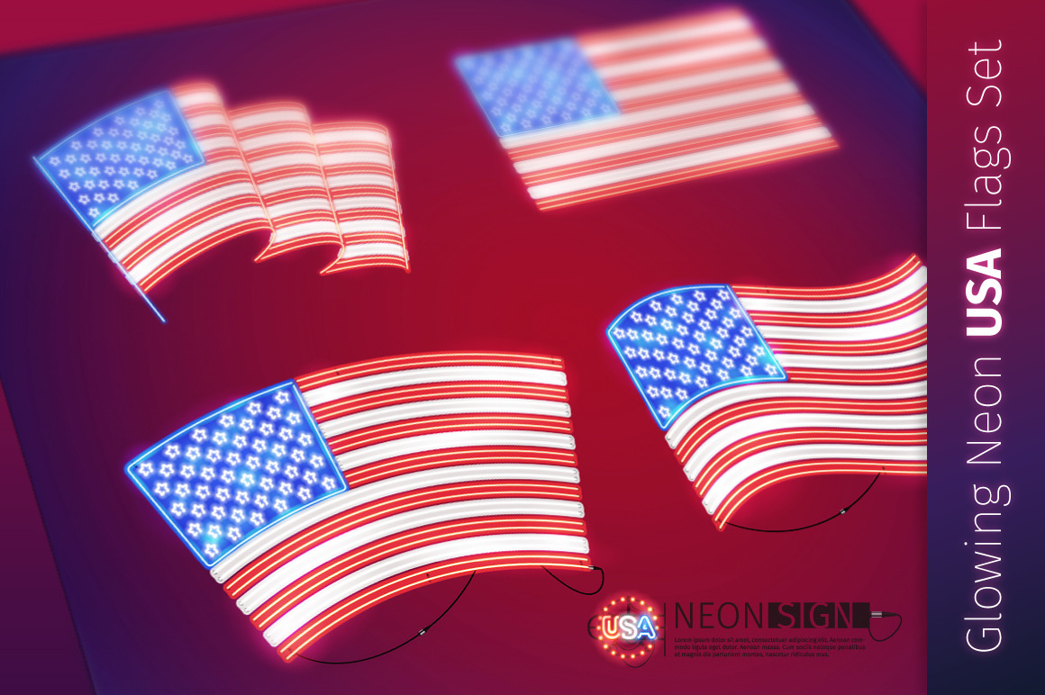 Glowing Neon USA Flags Set, a Decorative Illustration by Voysla's Shop