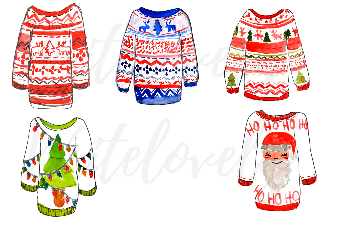 Ugly Christmas sweater clipart set, an Illustration by Writelovely