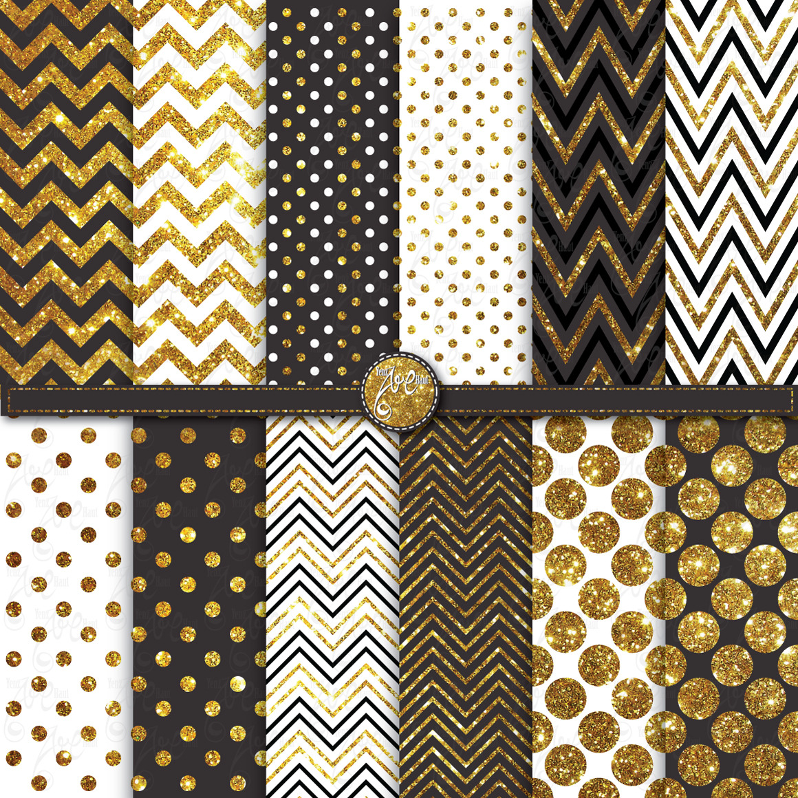 Gold Glitter Chevron Polka Dot Set, a Texture Illustration by YenzArtHaut