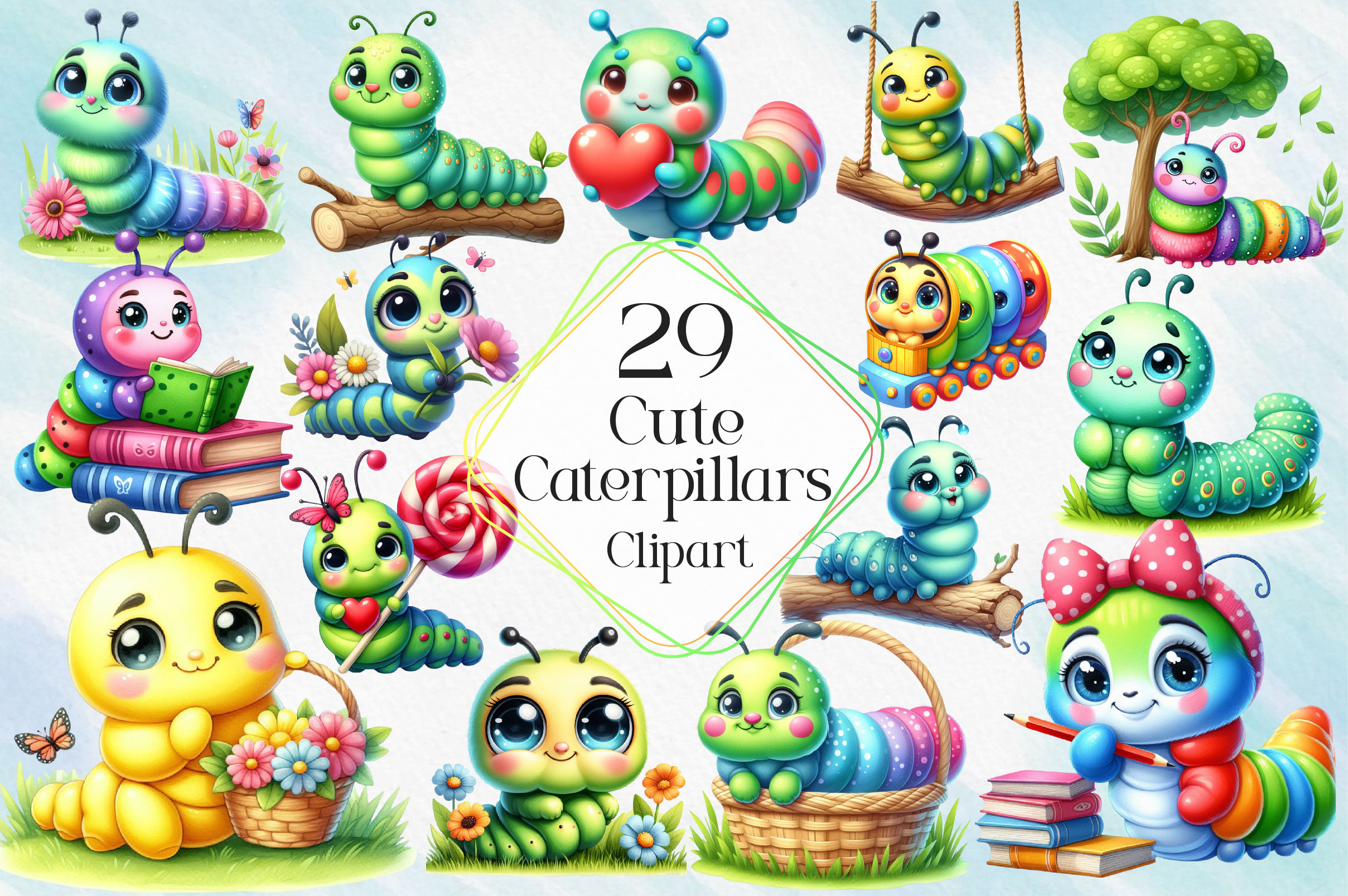 Cute Caterpillars Watercolor Clipart, a Work Illustration by LiustoreCraft