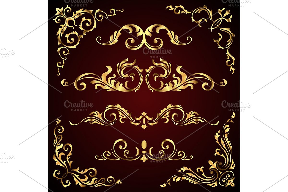 Victorian vector set of golden ornate page decor elements like banners ...