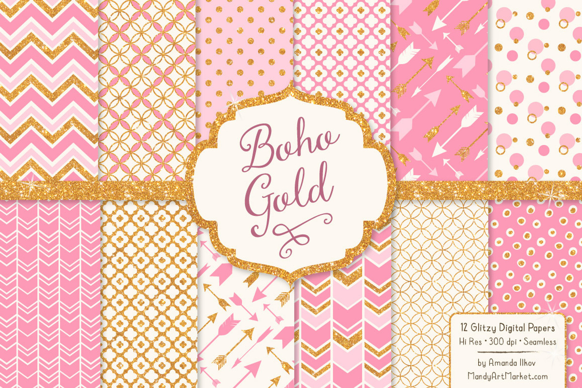Pink Glitter Bohemian Digital Papers, a Pattern Graphic by Amanda Ilkov
