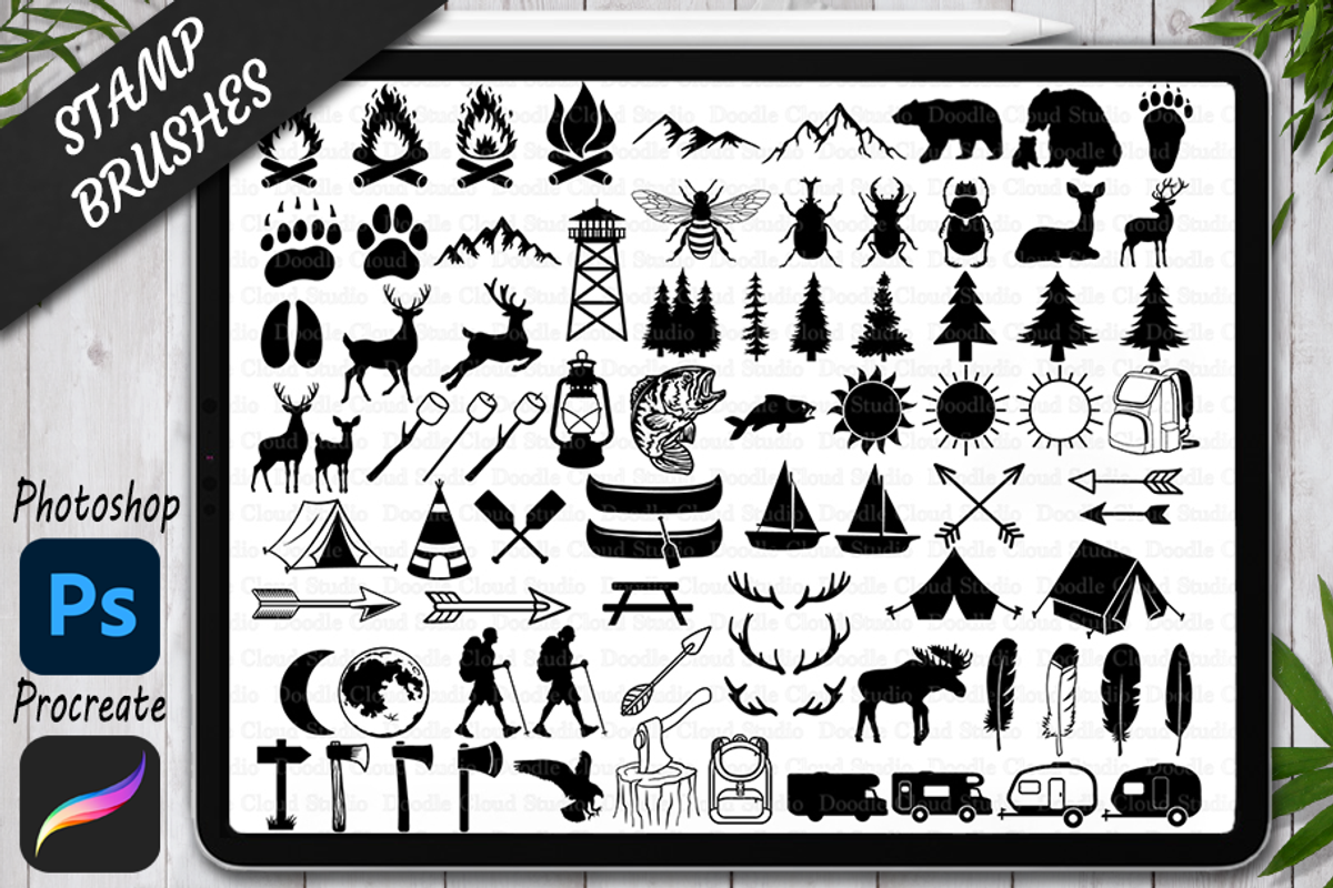 Procreate Camping Stamps Brushes., a Brush Add-On by Doodle Cloud Studio