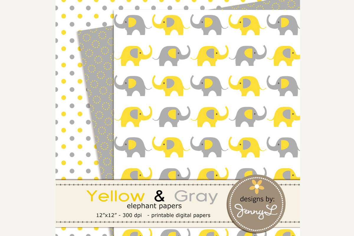 Yellow & Grey Elephant Digital Paper, a Pattern Graphic by JennyL Designs
