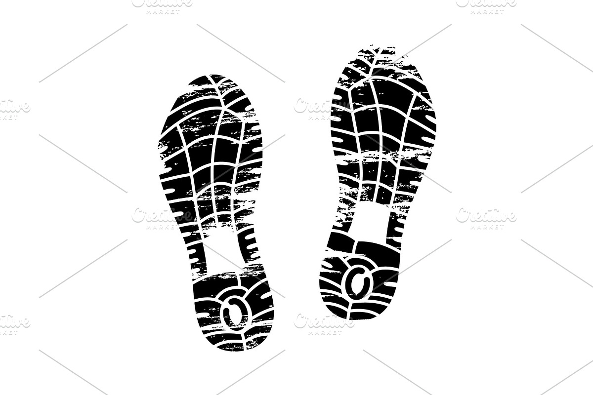 Footprints and shoeprints icon in black and white showing bare feet and ...