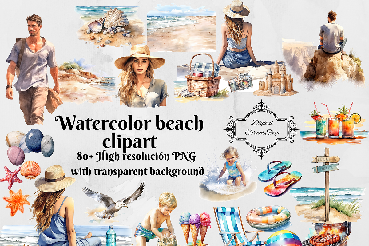 Watercolor beach clipart