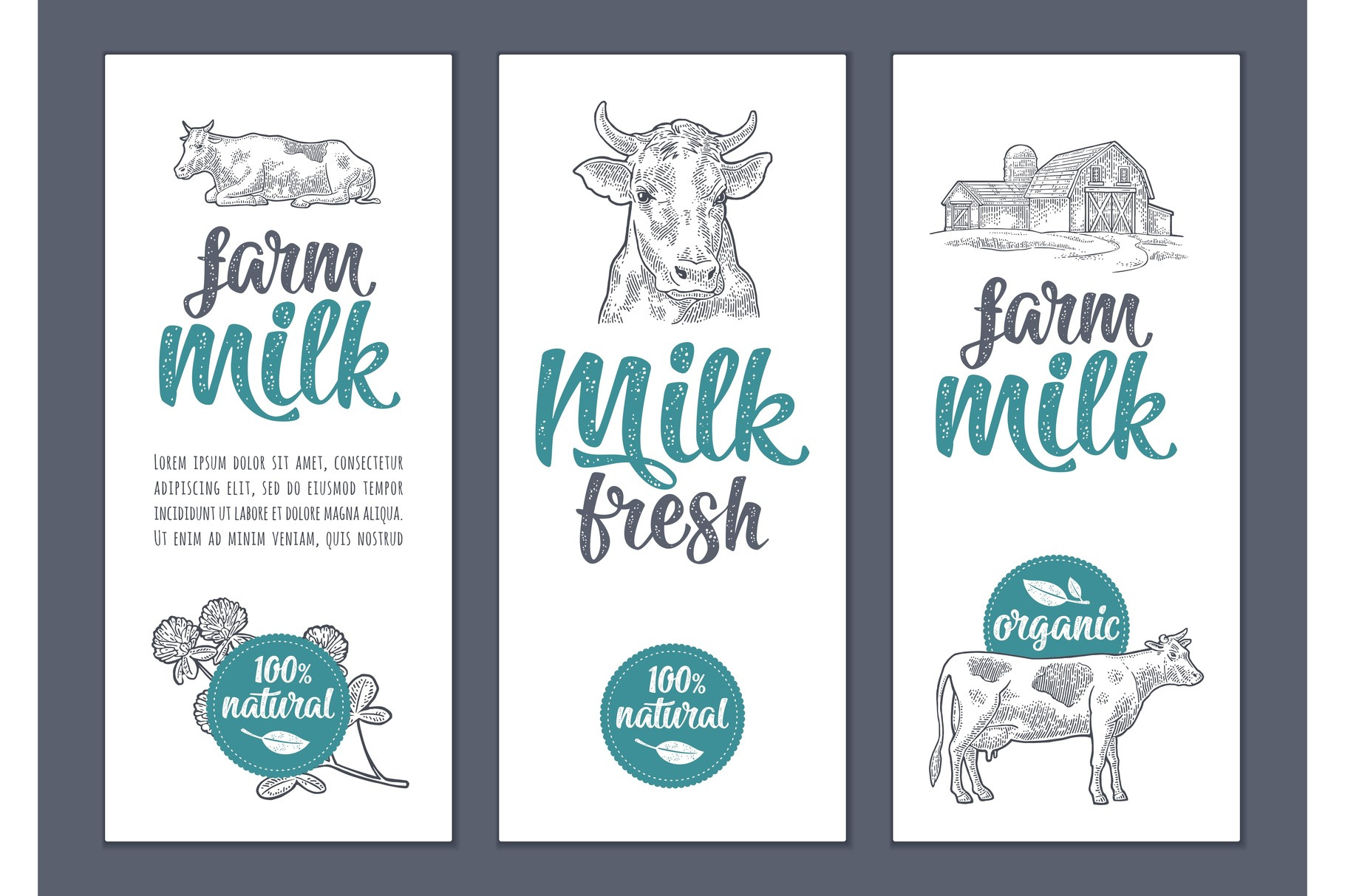 Template poster or label with cow and clover. Farm milk lettering ...