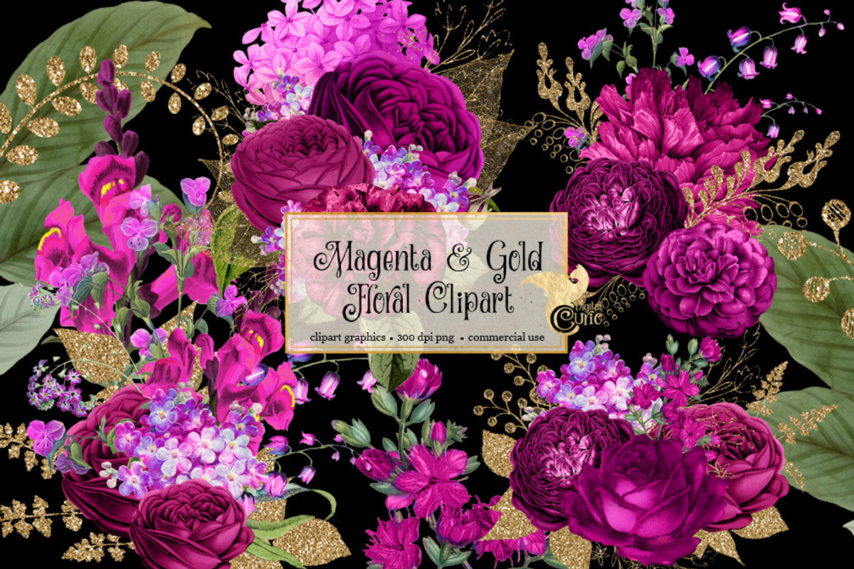 Magenta and Gold Floral Clipart, an Illustration by Digital Curio