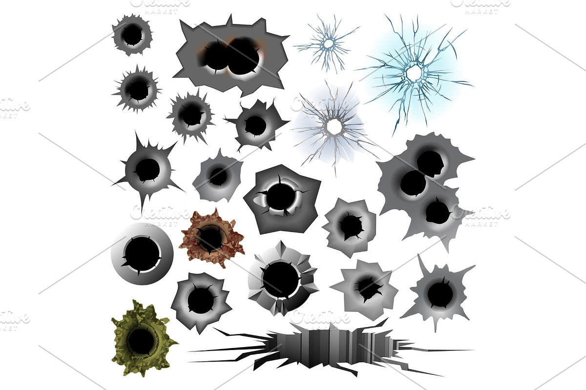 Bullet hole track trace sign gunshot crack torn steel war target break ...