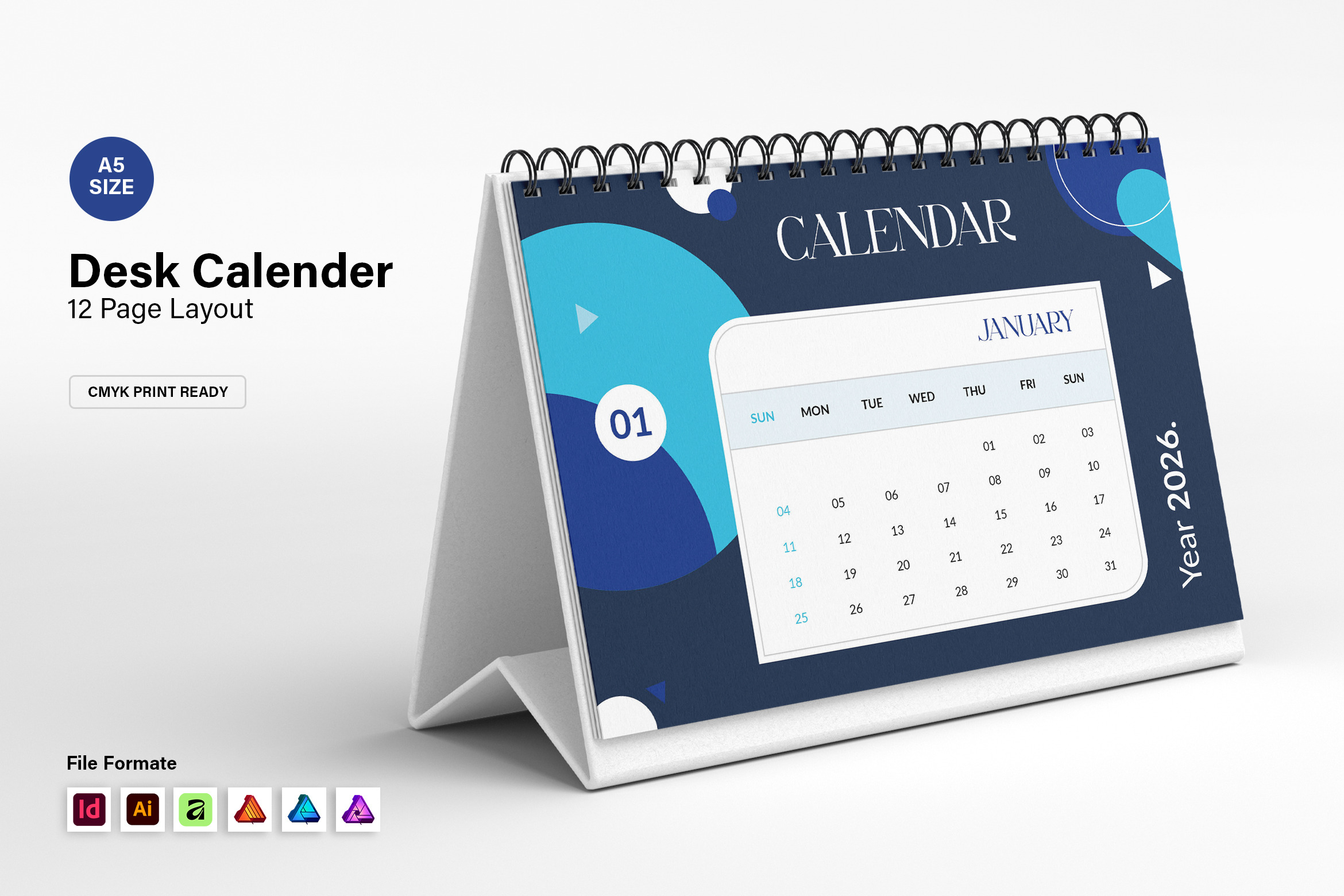 Abstract Blue 2026 Desk Calendar, a Stationery Template by Spark_Creative