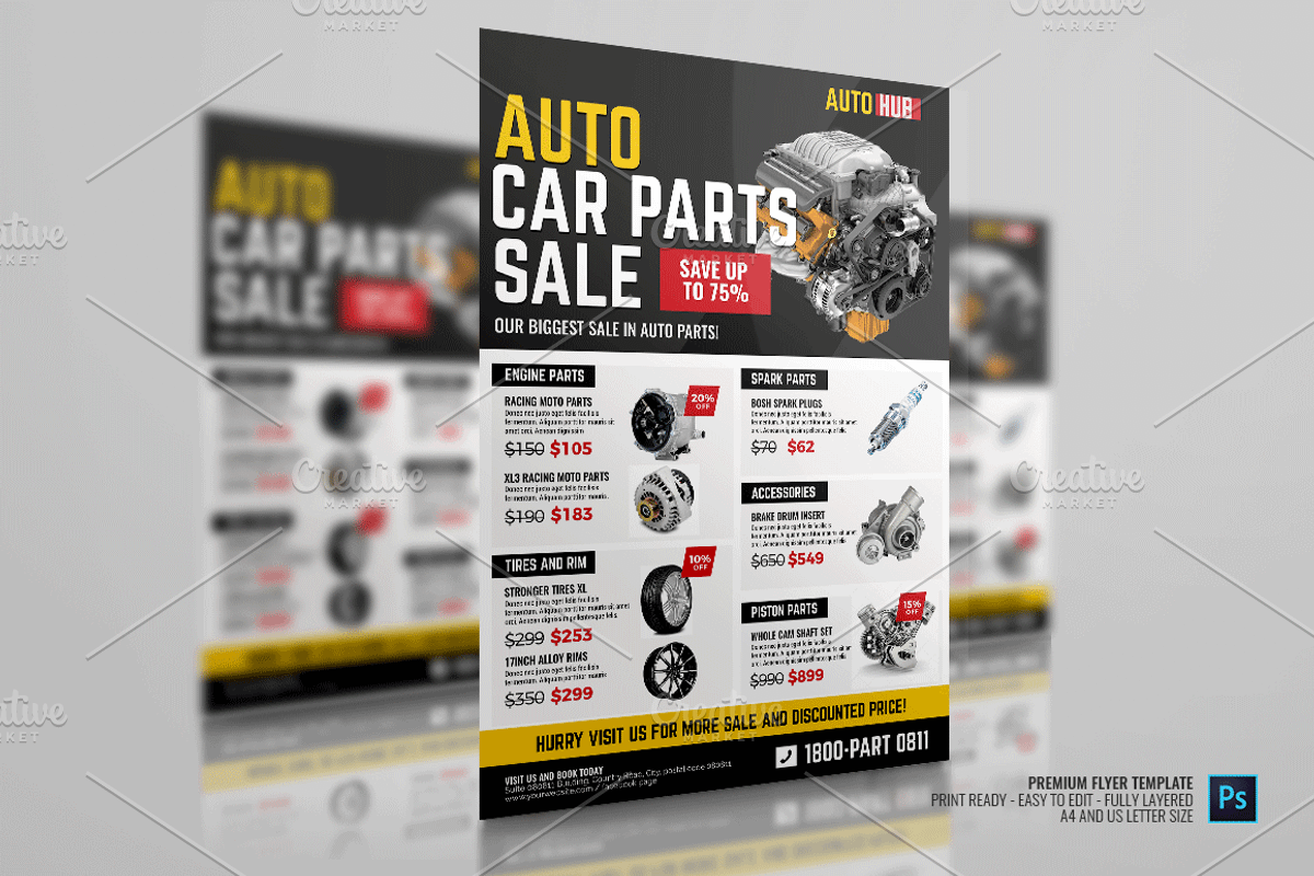 Car Parts Shop Promo Sale Flyer, a Flyer Template by PSDPixel