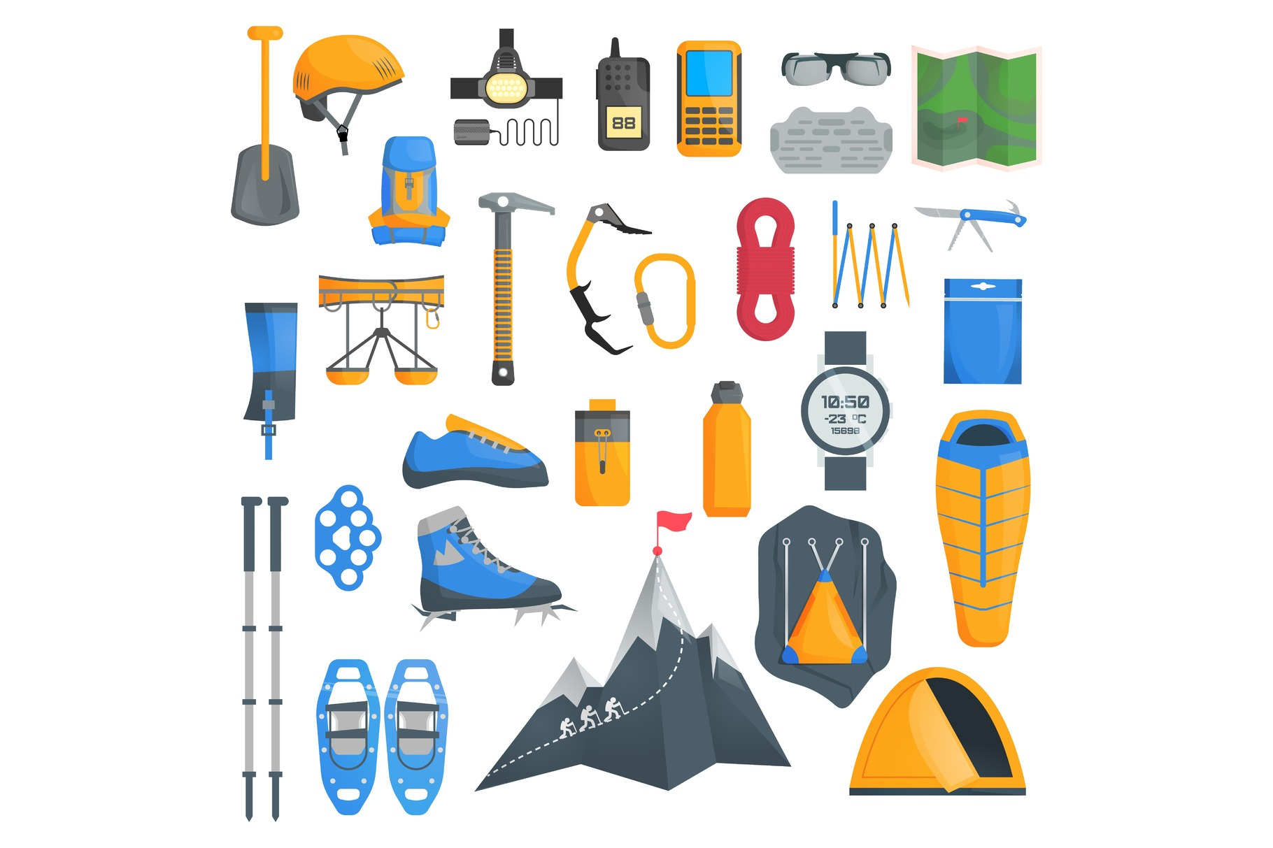 Mountaineering, a set of objects of equipment for climbing in the ...