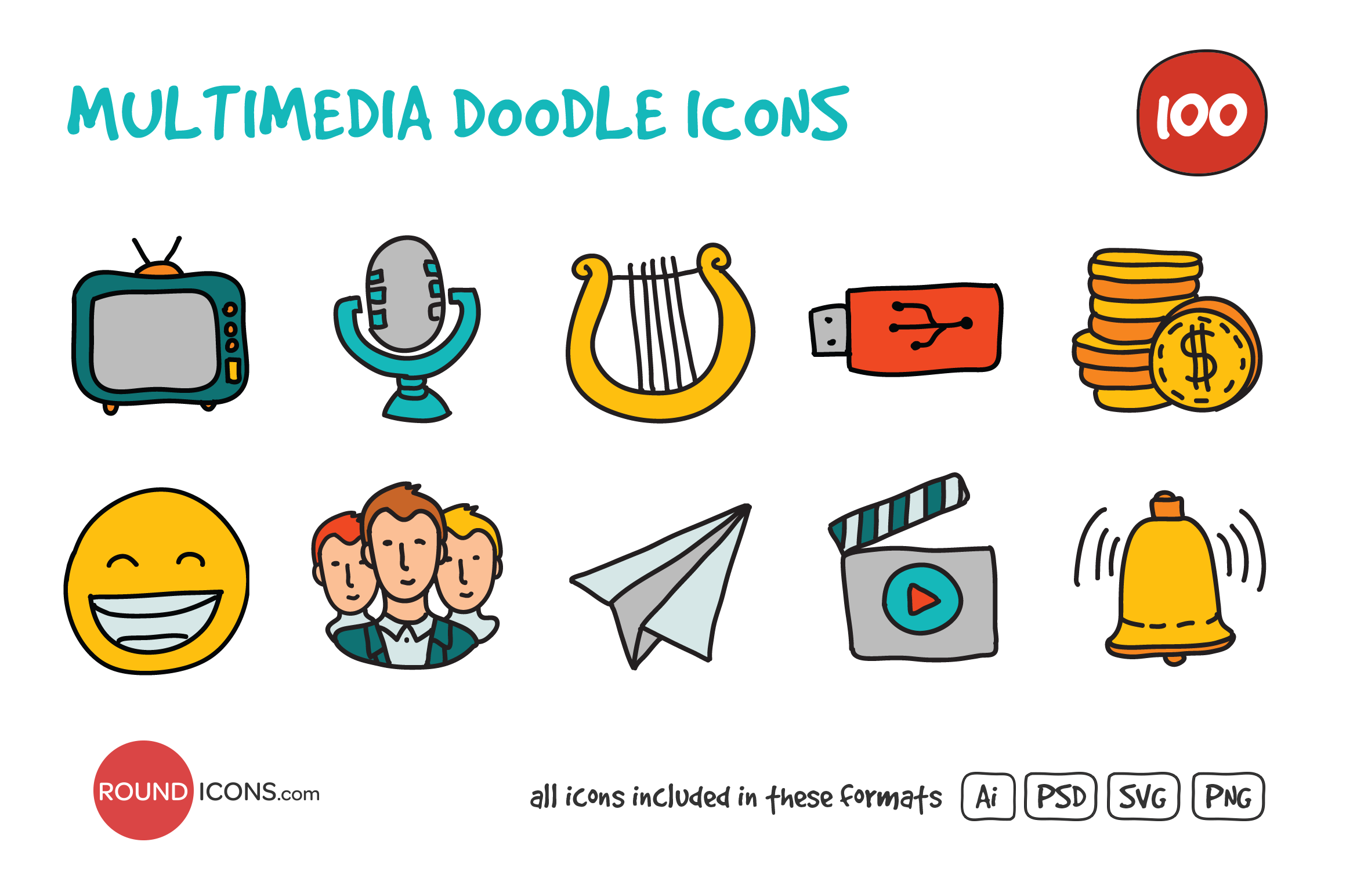 Multimedia Doodle Icons Set, an Icon by Vectopus.com
