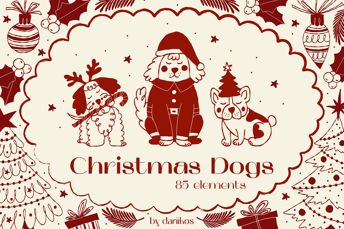 Hand drawn Christmas Dogs, a Seasonal Illustration by dariikos