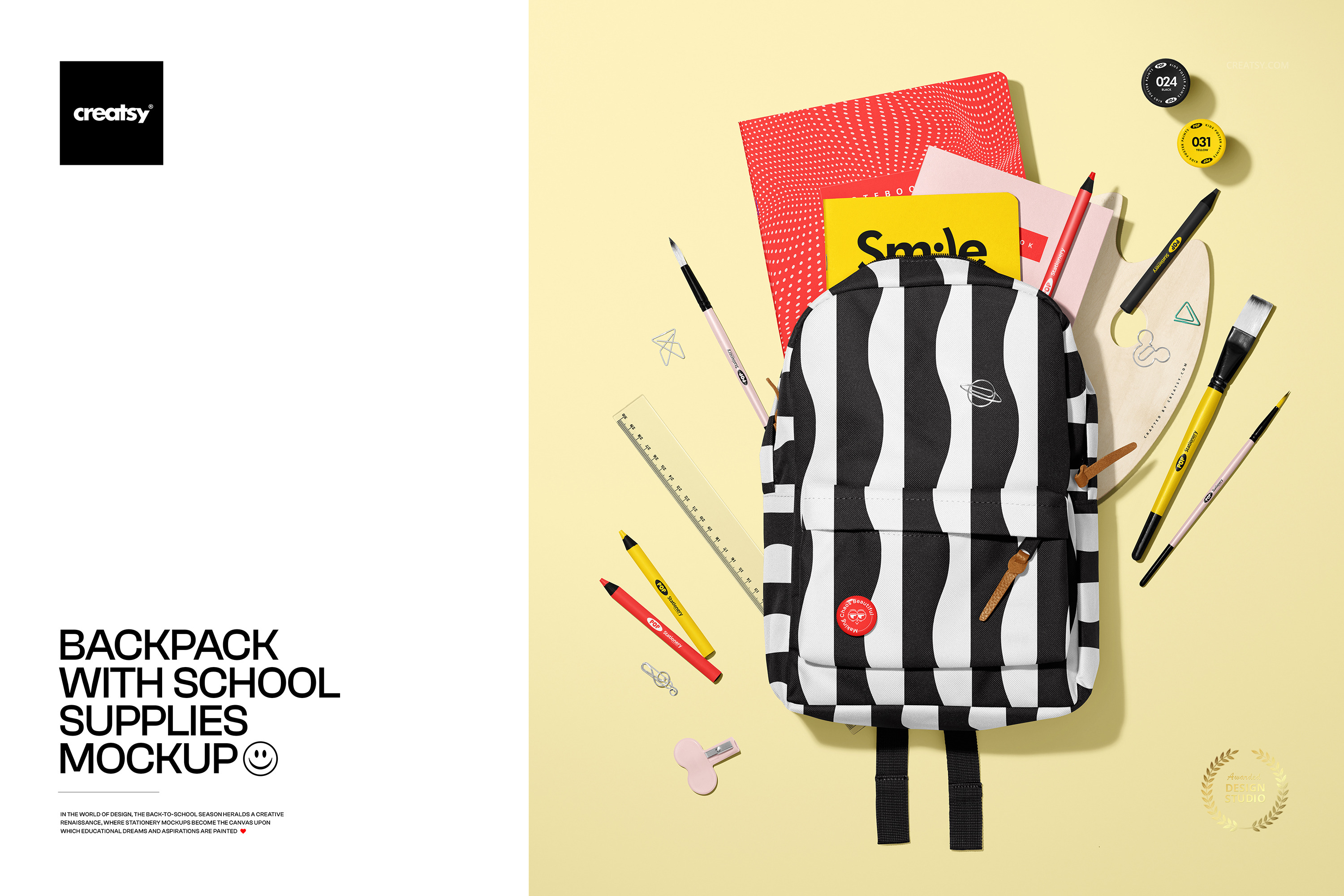 Backpack with School Supplies Mockup, a Merchandise Mockup by creatsy5