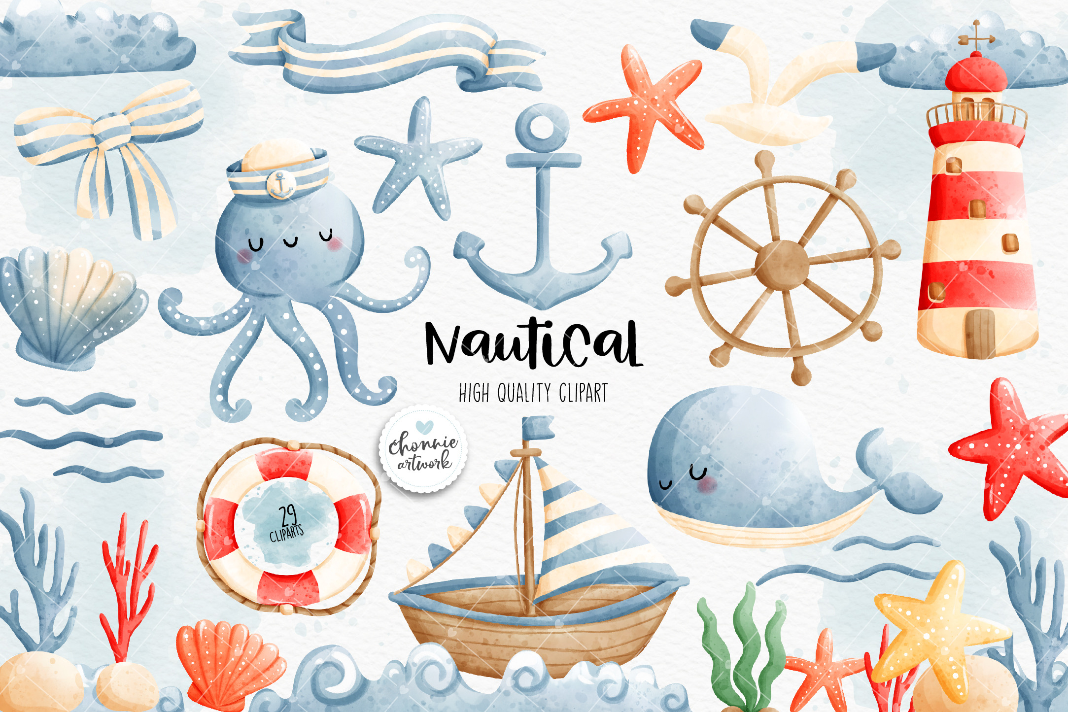 Nautical clipart, Ocean clipart, a Seasonal Illustration by Chonnieartwork
