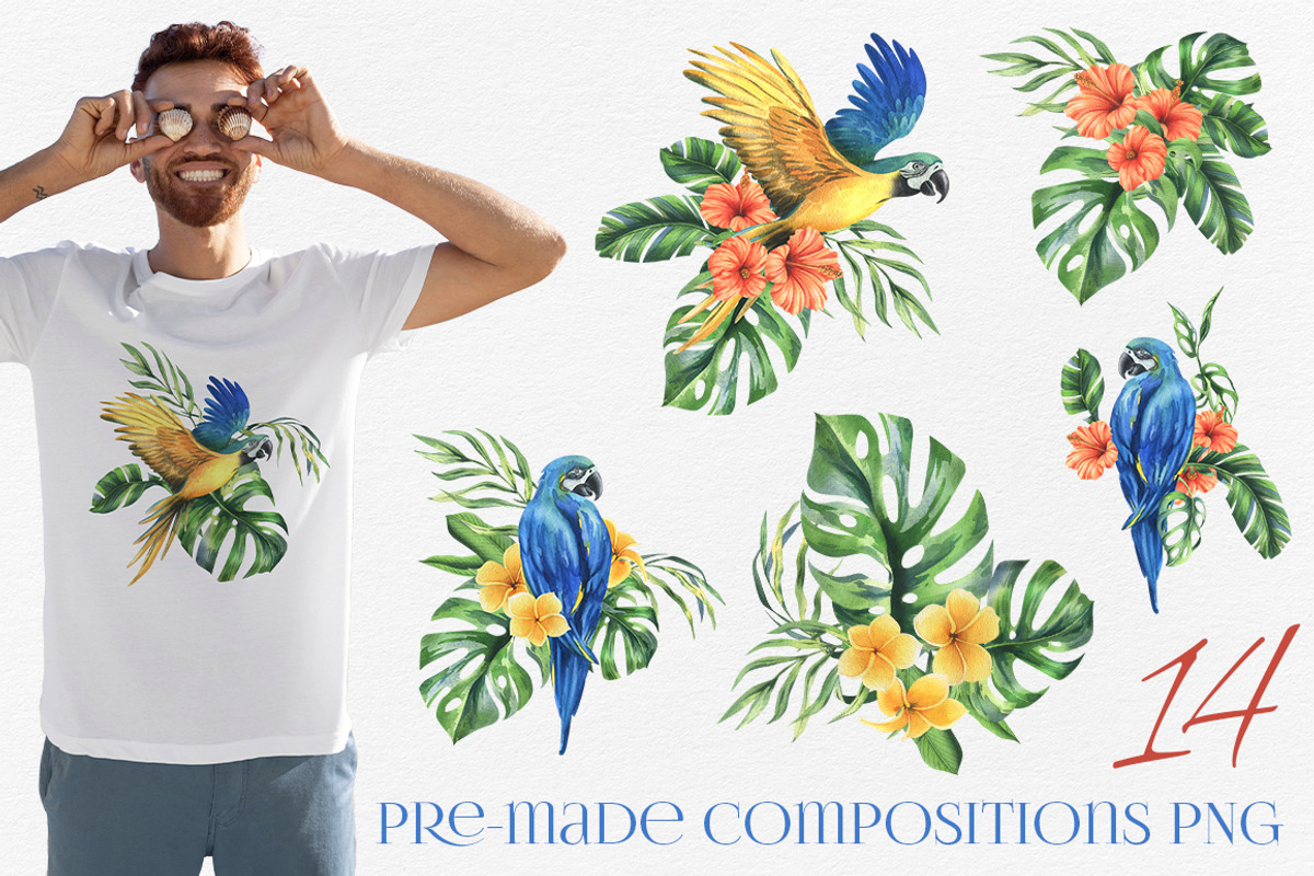 Parrots & tropical leaves watercolor, an Animal Illustration by NATASHA CHU