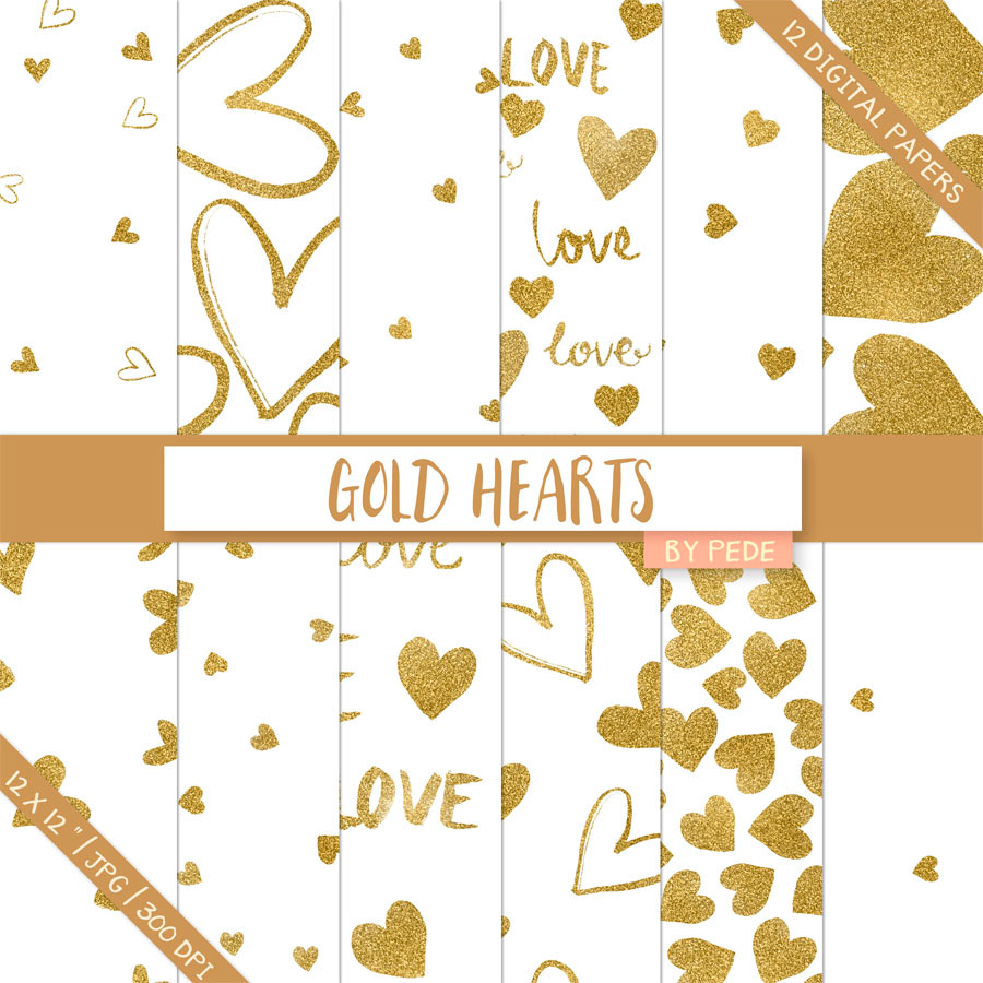 Gold hearts digital papers, a Pattern Graphic by PeDe Designs
