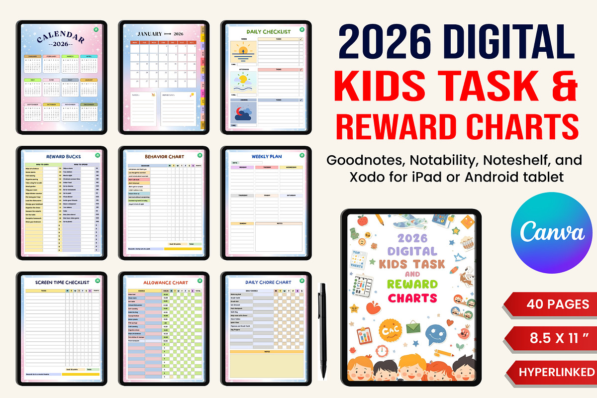 2026 Digital Kids Task & Reward Char, a Stationery Template by Designmela01