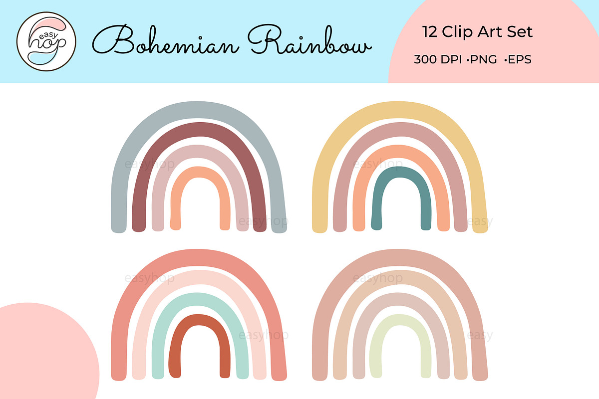 Boho Rainbow 12 Clip Art Set, an Object Graphic by Easy Hop