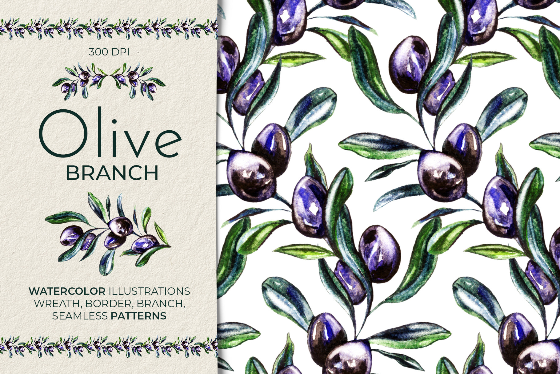 Olive Branch Watercolor & Patterns, a Decorative Illustration by ilonitta