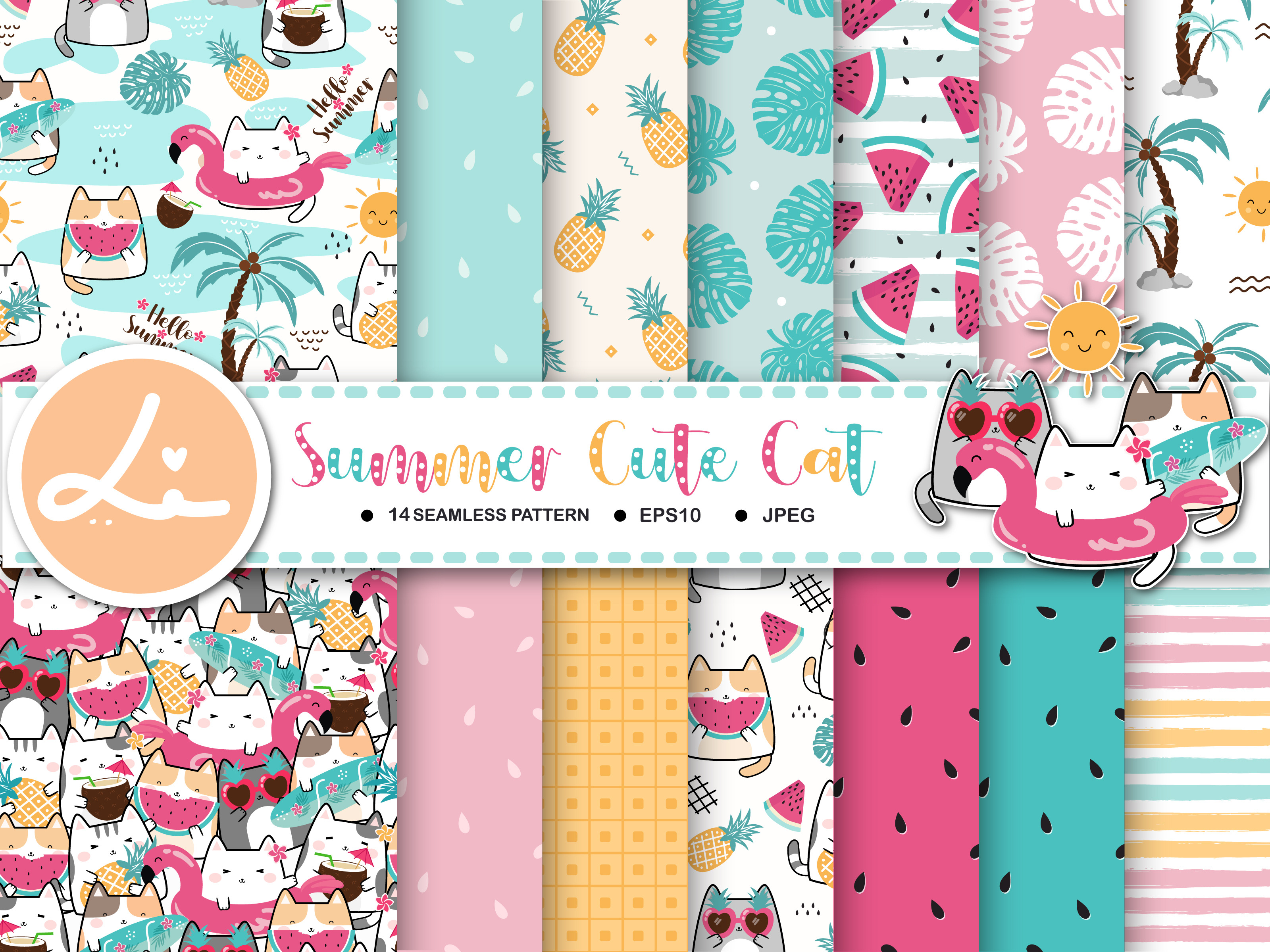 Summer Cute Cats Digital Paper Pack