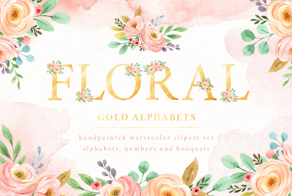 Floral Gold Alphabet Watercolor Set, a Decorative Illustration by ...