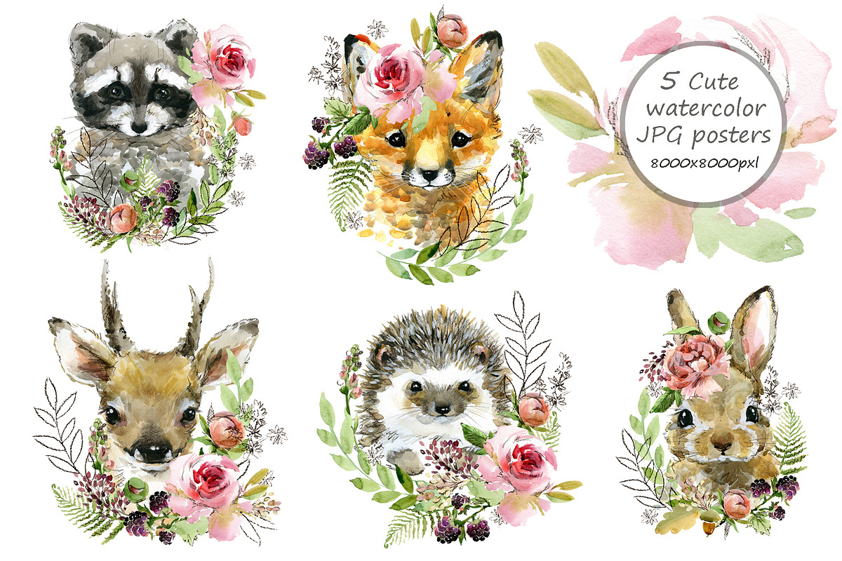 Baby Forest Animals Watercolor set, an Animal Illustration by FineArt
