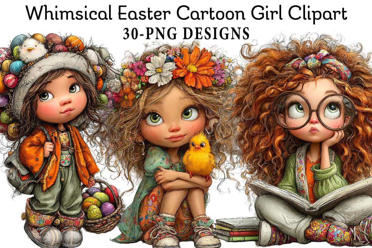 Whimsical Easter Cartoon Girl Clipar, an Illustration by Daily.Designs