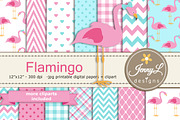 Pink Flamingo Digital Paper, a Pattern Graphic by JennyL Designs