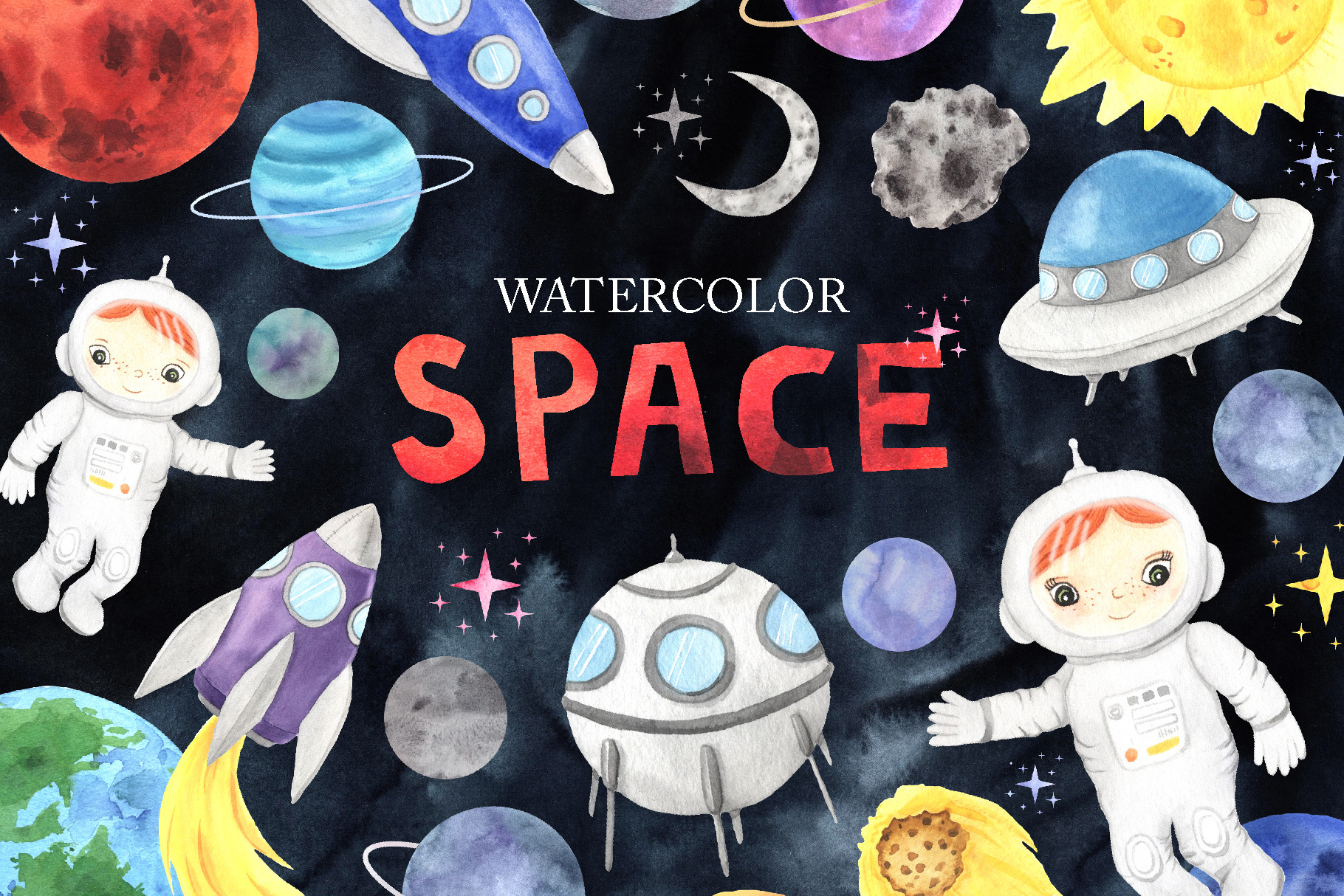 Watercolor Space and Planets clipart, a Graphic by LarysaZabrotskaya ...