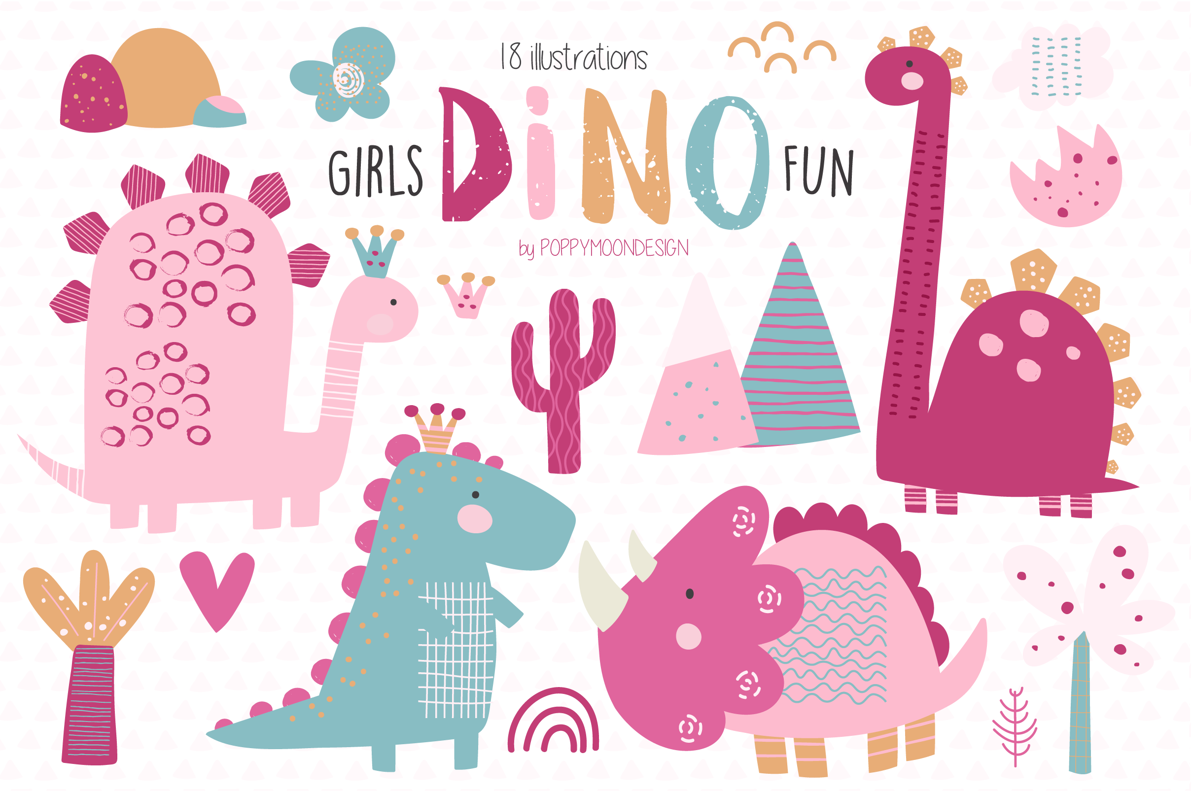 Girls Dino fun clipart, a Decorative Illustration by Poppymoondesign