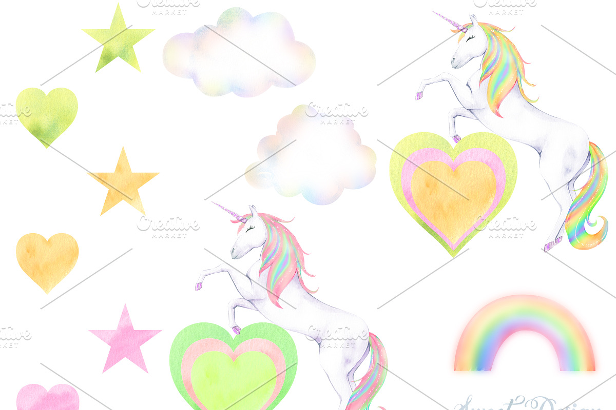 Watercolor rainbow unicorn cliparts, an Illustration by Sweet sweet ...